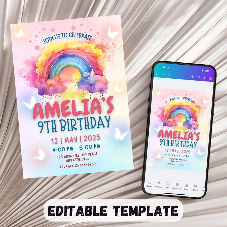 Editable Rainbow Birthday Invitation Template | Magical Day Rainbow ...