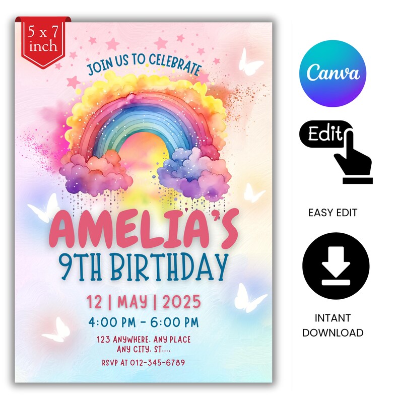 Editable Rainbow Birthday Invitation Template | Magical Day Rainbow ...