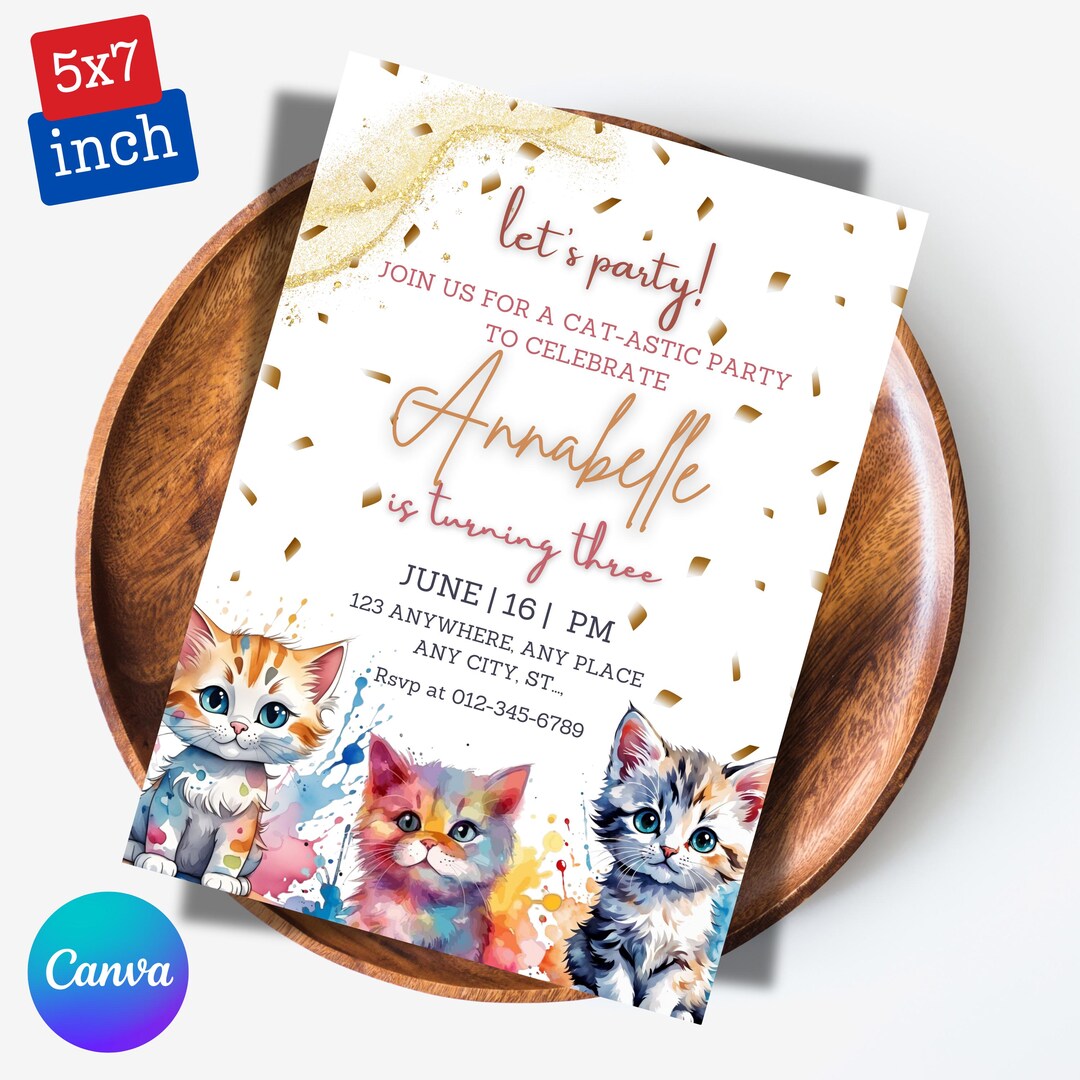 Cat Themed Birthday Invitation, Cat Birthday Invite, Cat Birthday ...