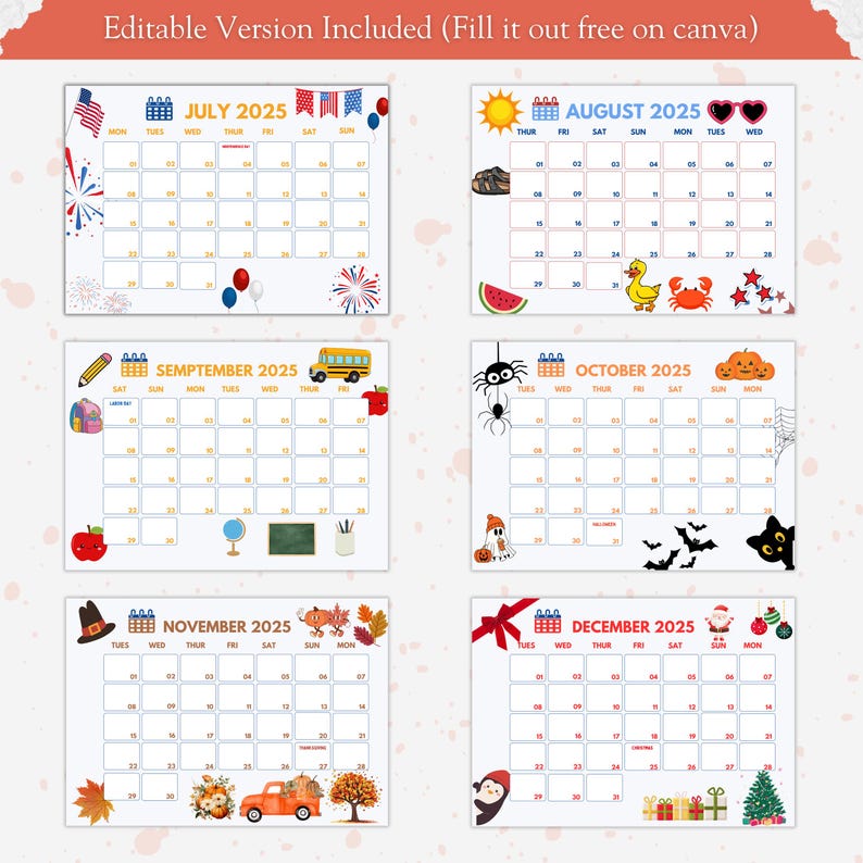 2025 Calendar Printable, Kids Calendar 2025, Editable Calendar Template ...