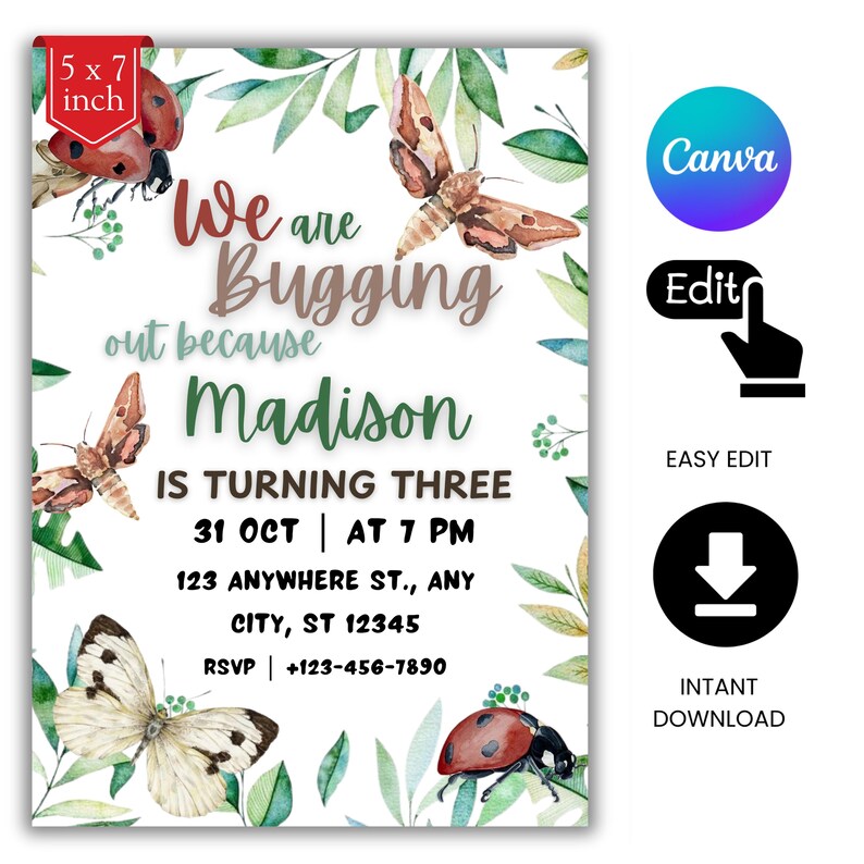 Editable Bug Birthday Invitation - Boy Insect Party Invite - Insect Themed Invitation - Instant ...