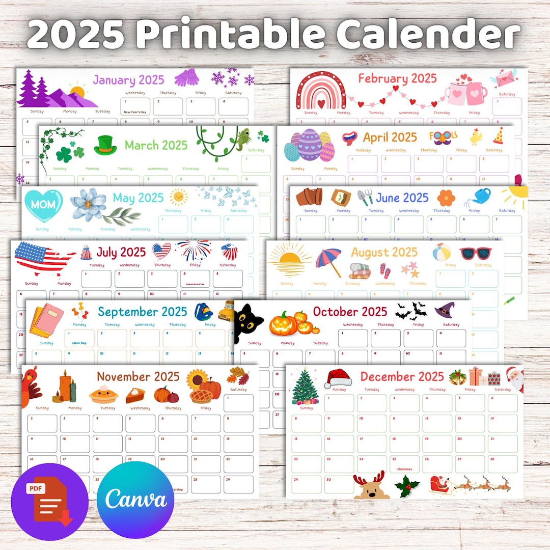 2025 Calendar Printable, Cute Kids Calendar 2025, Wall Calendar PDF ...
