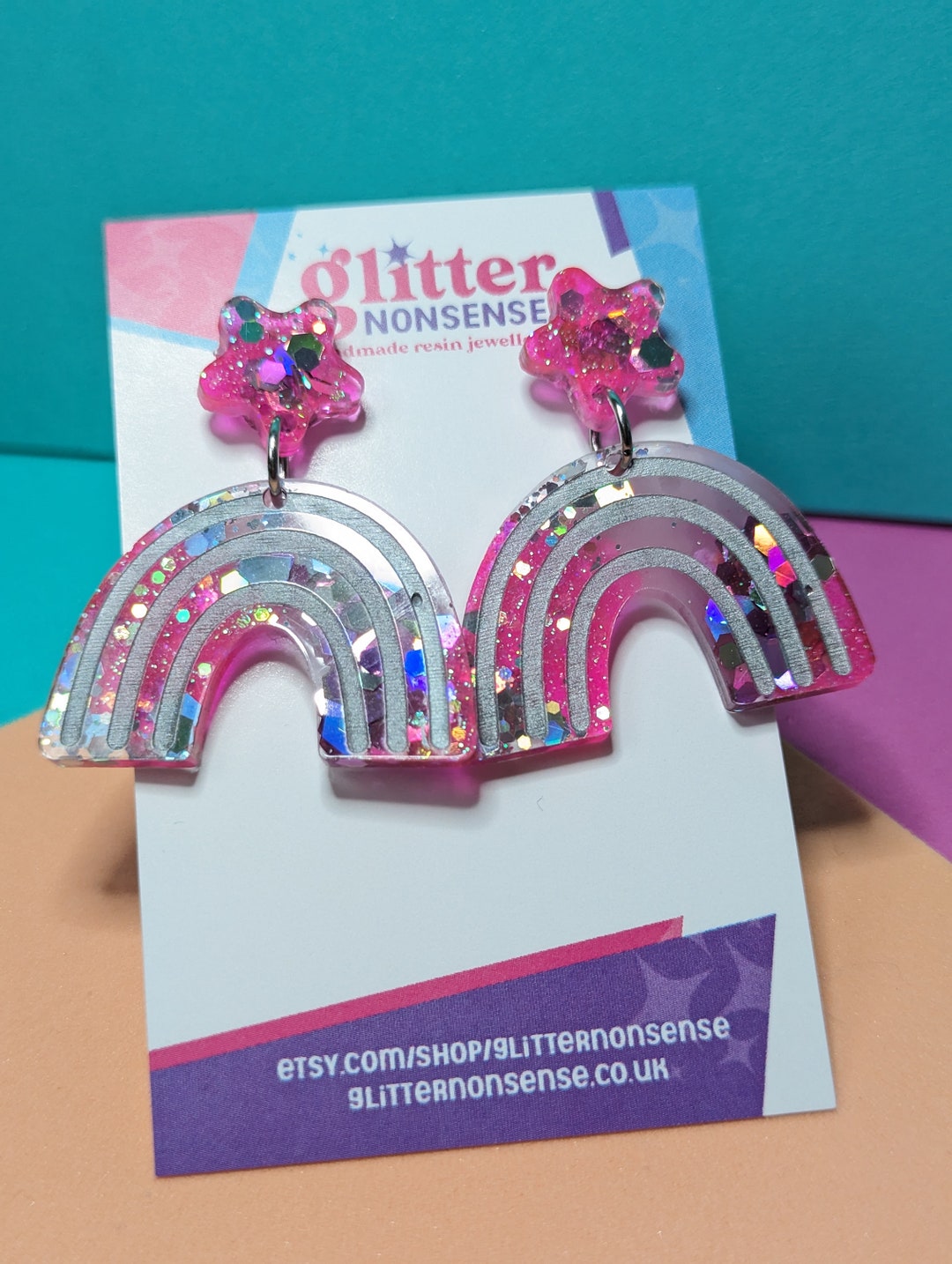 Rainbow Raver Barbiecore Trend Earrings Pink & Silver Glitter Rainbow ...