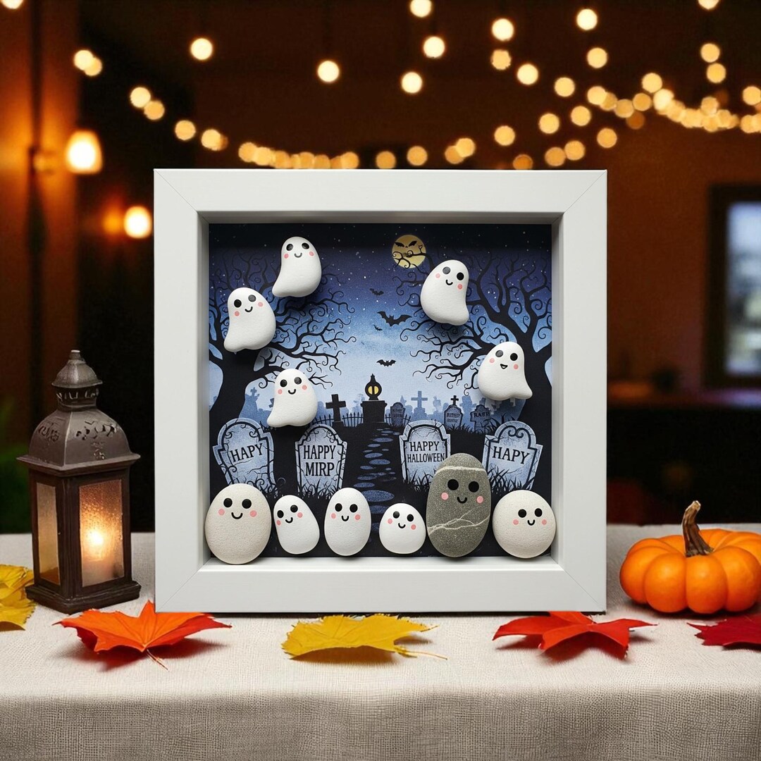 Halloween Pebble Art – Handmade Ghost Stone Picture – Spooky Decor for ...