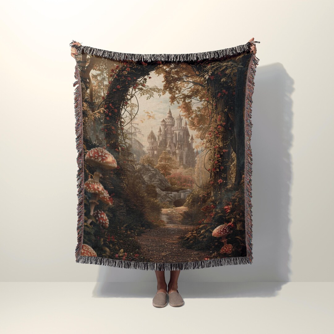 Cottagecore Fairy Tale Woven Blanket, Castle Forest Tapestry Throw ...