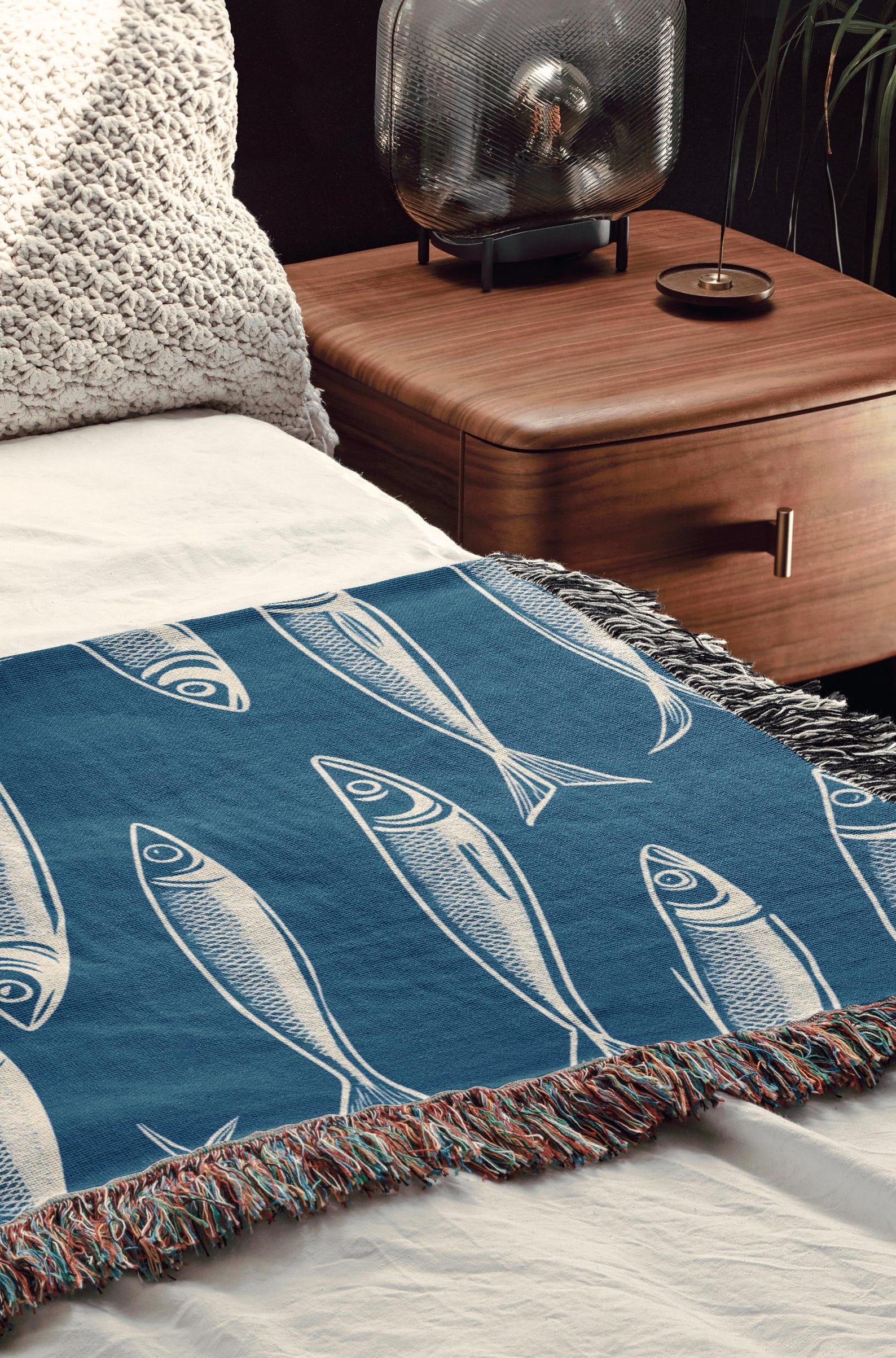 Sardines Woven Cotton Blanket, Fish Tapestry Throw, Coastal Beach House ...