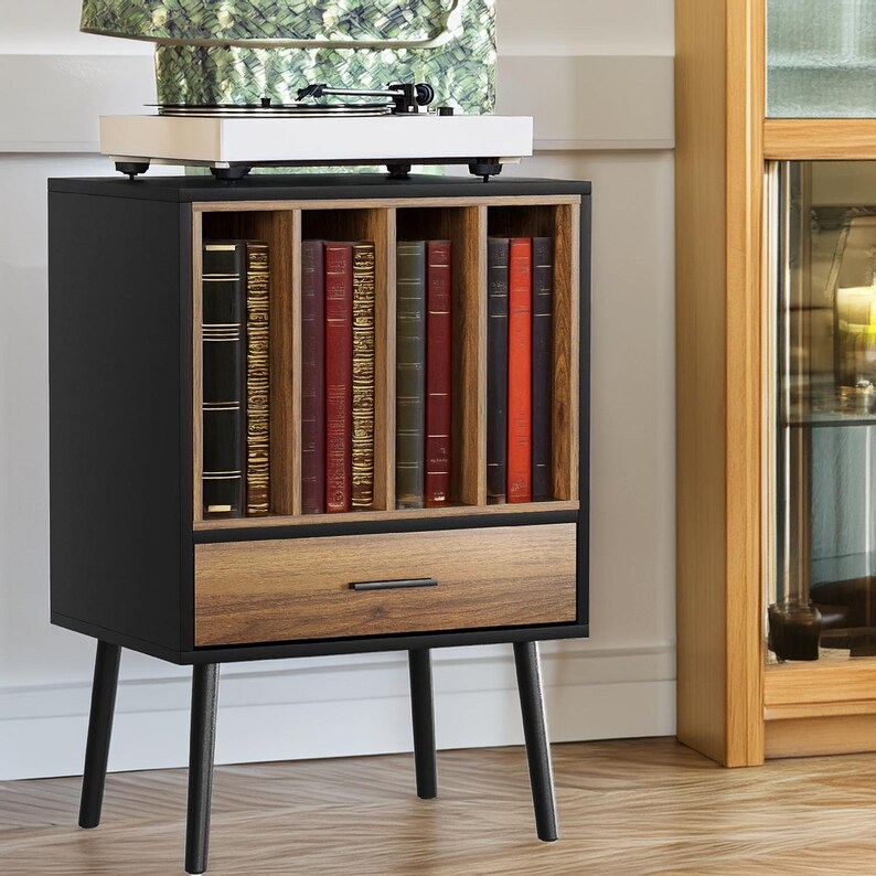 Black Record Player Stand, Wood Turntable Stand With Vinyl Storage ...