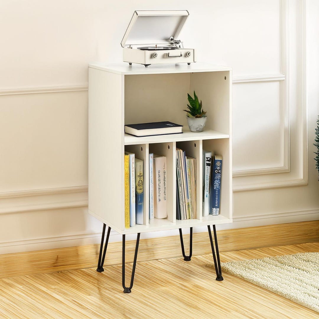 White Record Player Stand, Wood Turntable Stand With Vinyl Storage ...