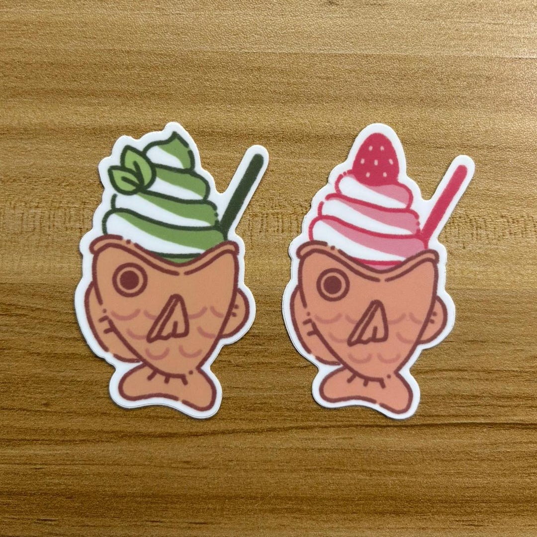 Ice Cream Taiyaki Sticker Set (strawberry & Matcha) | Waterproof Matte ...