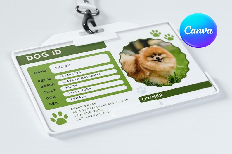 Pet ID Card - Editable Canvas Pet ID Template Dog Identification Card ...
