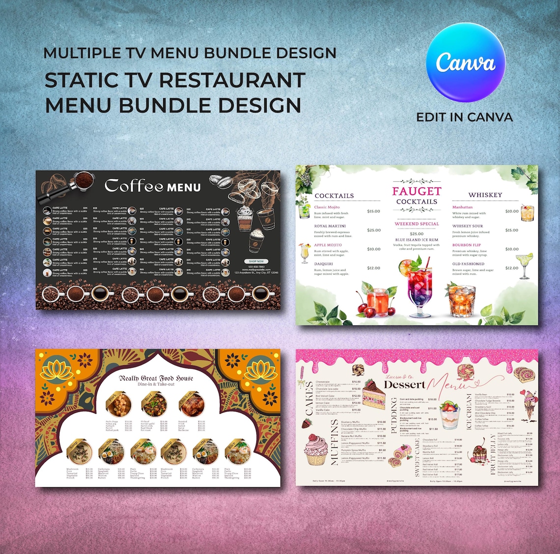 TV Restaurant Menu Bundle: Coffee, Indian, Cocktail, Desserts (digital ...