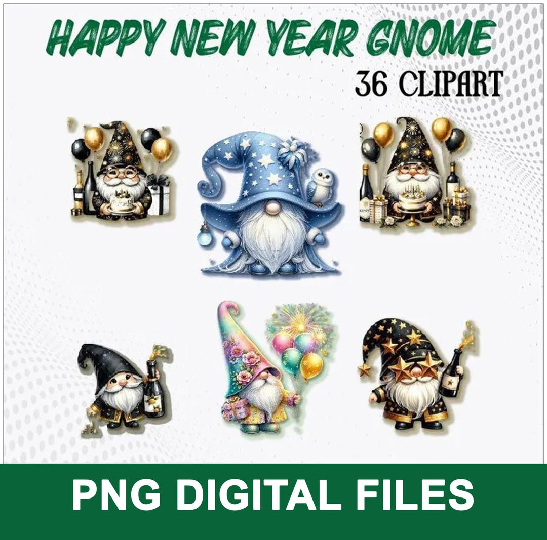 New Year Gnomes Watercolor Clipart Bundle: Commercial Use PNG (digital ...