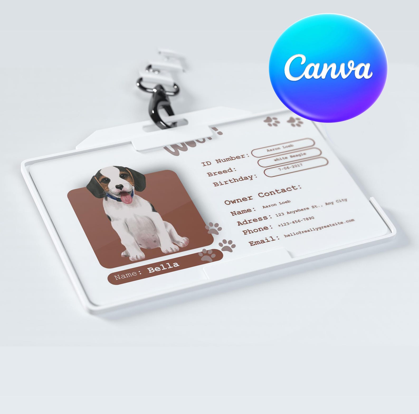 Pet ID Card - Editable Canvas Pet ID Template Dog Identification Card ...