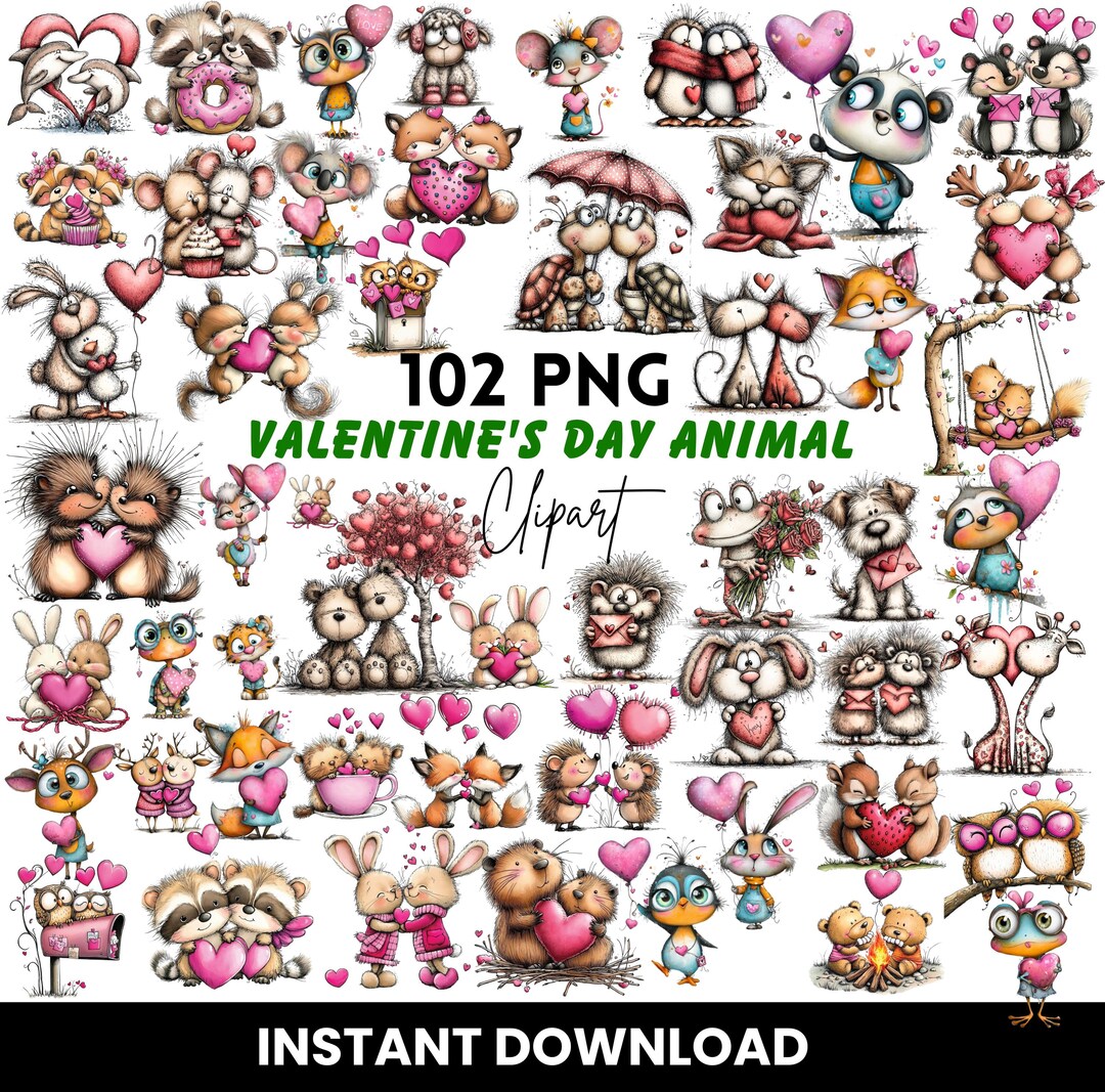 Valentine's Day Animals Clipart: Love Graphics (digital Download - 102 ...