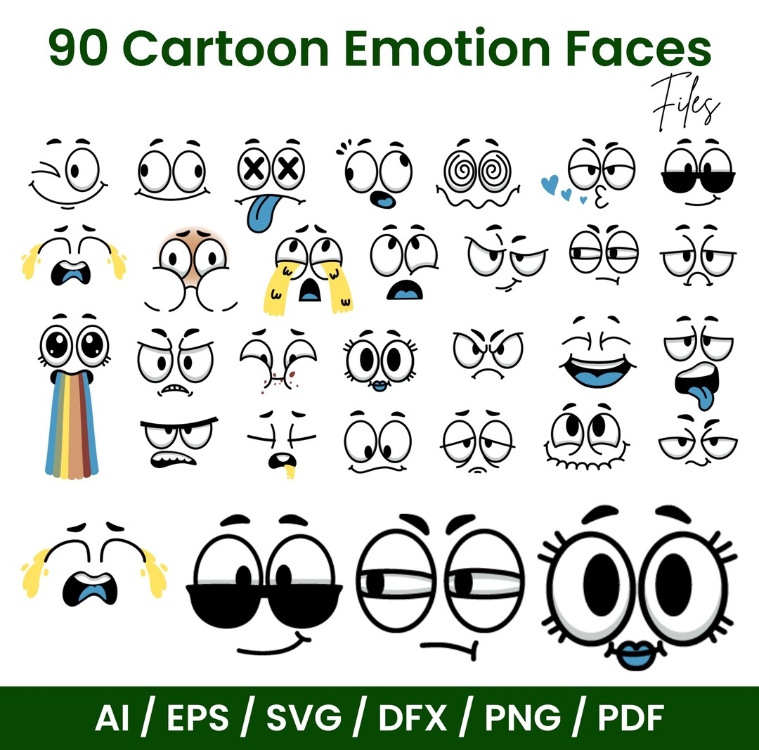 Cartoon Emotion Faces SVG Bundle: Funny Kawaii Clipart (digital ...