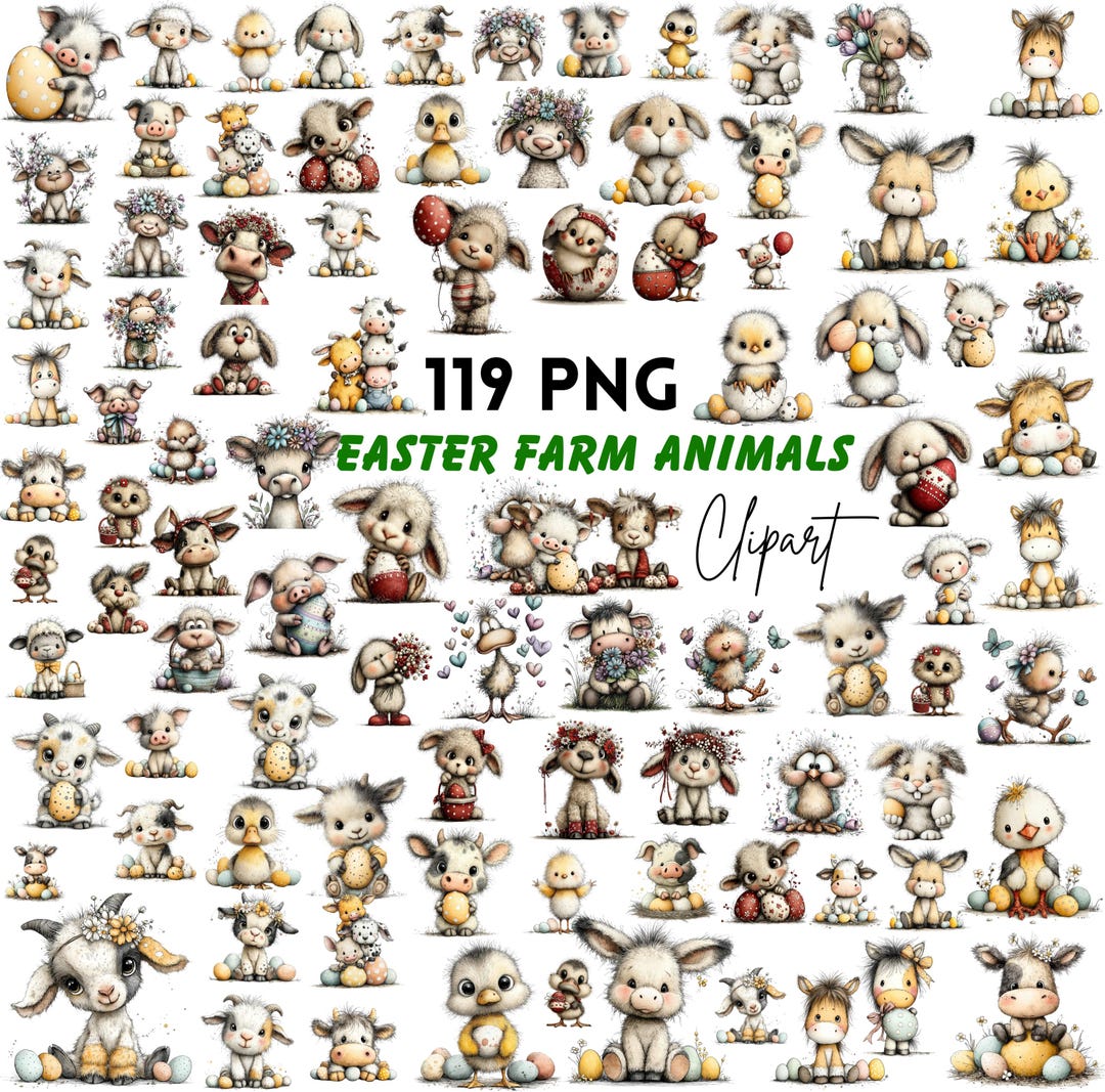 Easter Farm Animals Clipart: Whimsical Graphics (digital Download - 119 ...