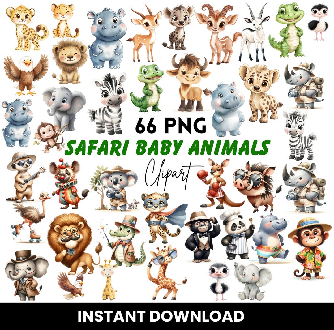 Watercolor Jungle Baby Animals Clipart: Safari Zoo 66 PNG (digital ...