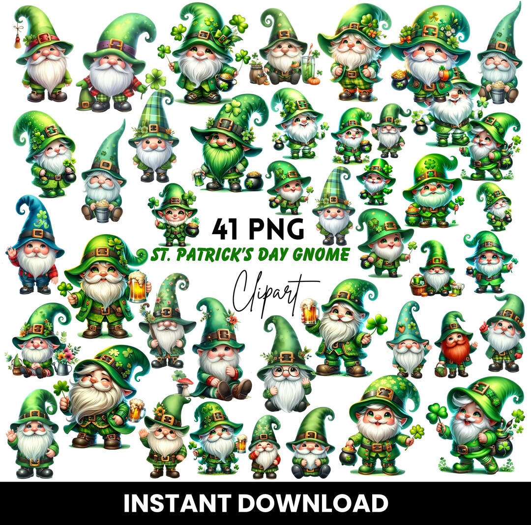 St. Patrick's Day Gnome Clipart – Watercolor Style, 41 PNG (digital ...