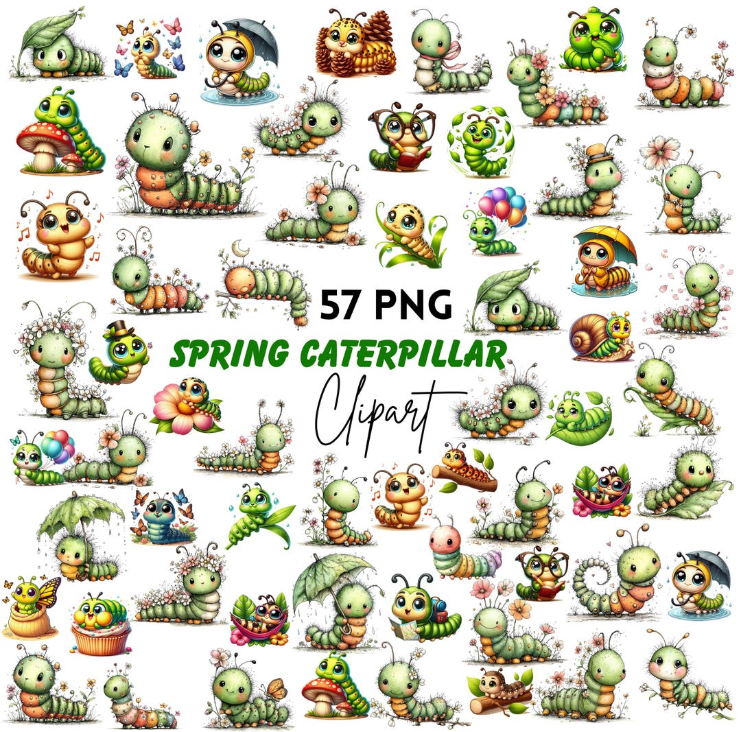 Watercolor Caterpillar Clipart – Spring Floral Bug PNG (digital ...