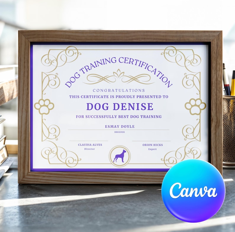 Dog Training Certificate Template: Editable Graduation Diploma (digital Download) - Etsy