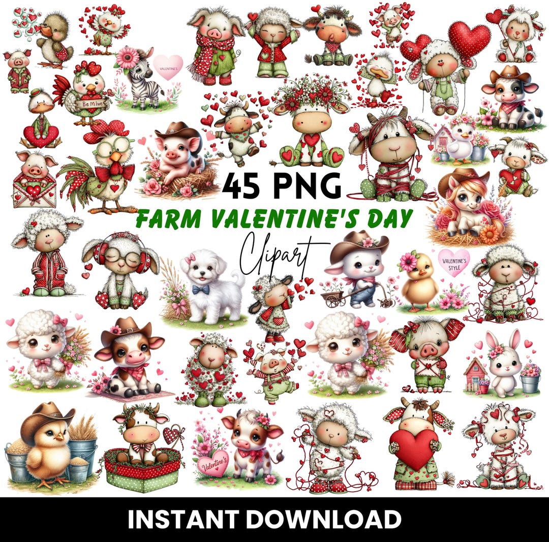 Valentine's Day Farm Animals Clipart: Whimsical Graphics (digital ...