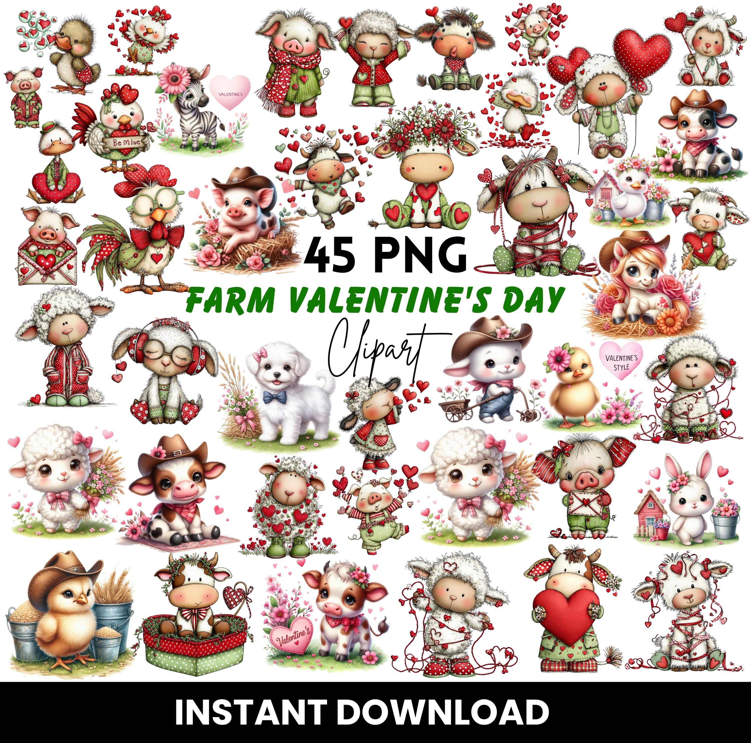 Valentine's Day Farm Animals Clipart: Whimsical Graphics (digital ...