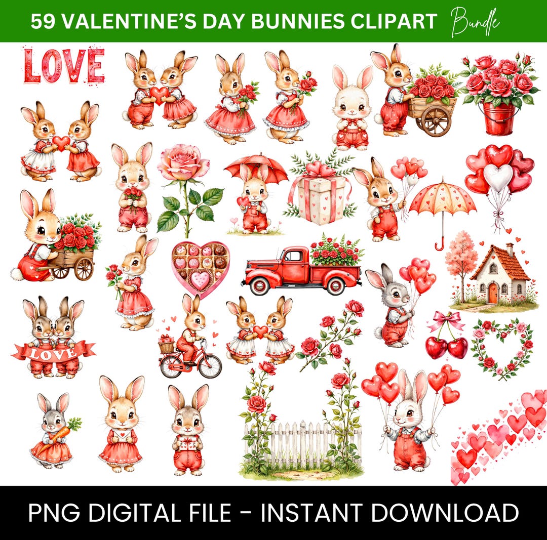 Valentine's Day Bunnies Clipart, Love Rabbits PNG Bundle (digital ...