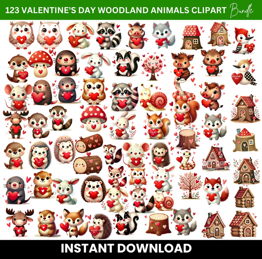 Valentine's Day Woodland Animals Clipart: Whimsical Graphics (digital ...