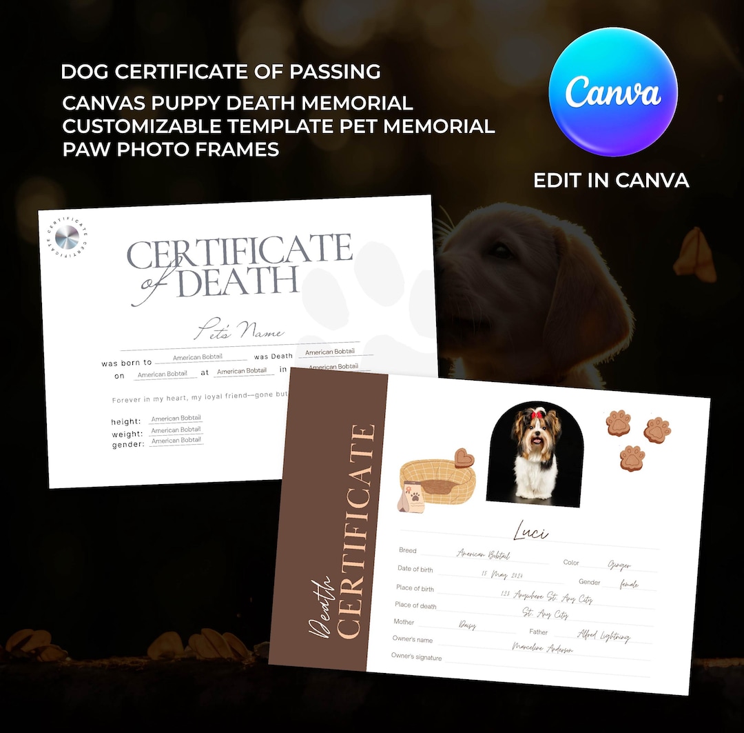 Dog Certificate of Passing Canvas Puppy Death Memorial Customizable ...