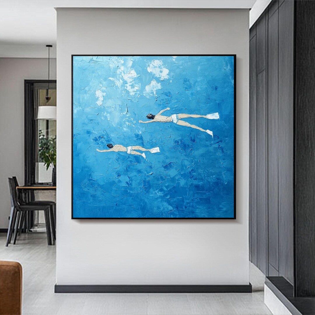 Blue Abstract Art Diving Oil Painting Diving Wall Art Swimming Boy ...