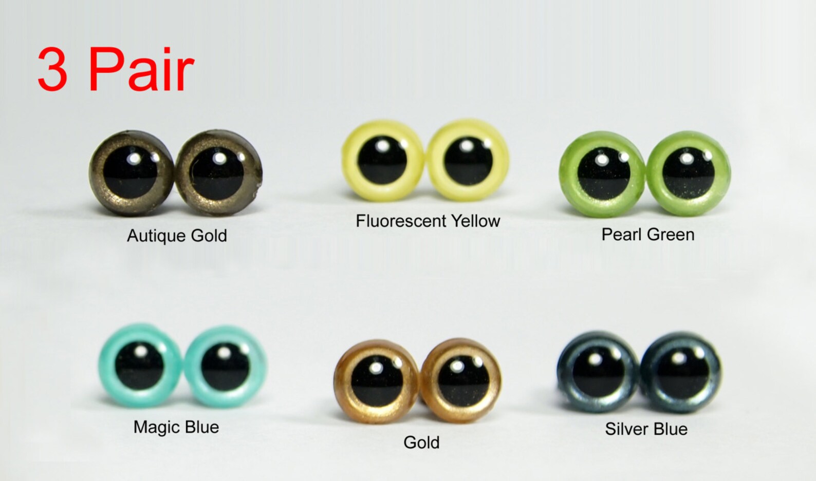 3 Pairs - 4.5mm to 9mm Japanese Hand Painted Pearl-tallic Safety Eyes ...