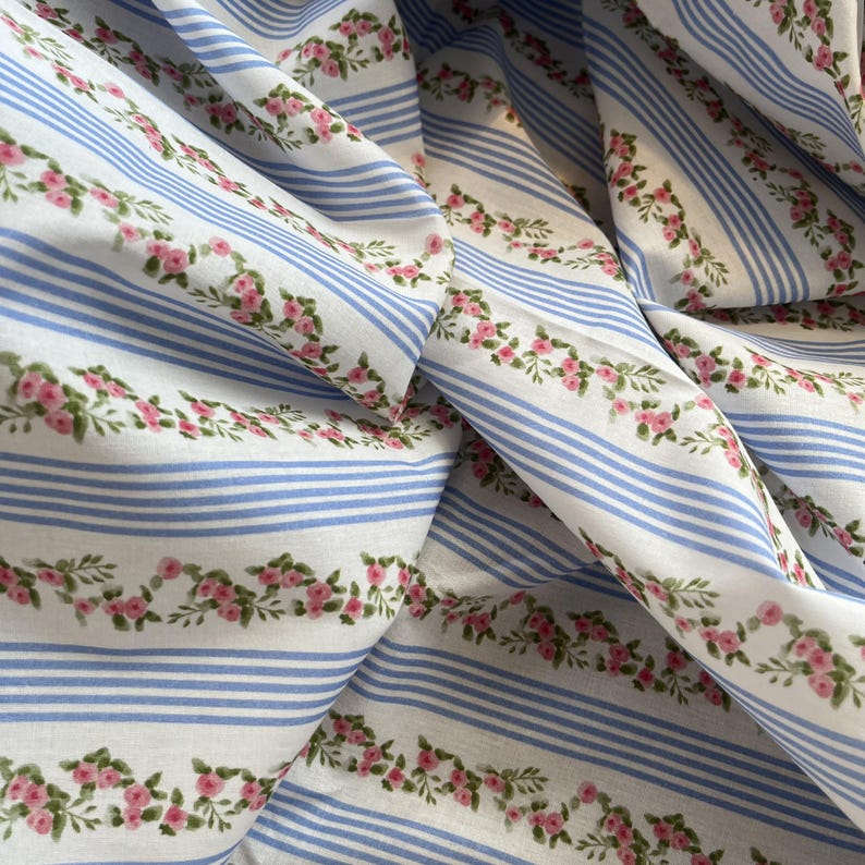 Cottage Floral Cotton Fabric, Blue Stripes Fabric, Pure Cotton, Dress ...