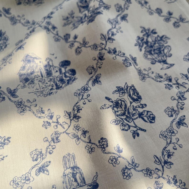 Unique Blue Scenery Fabric, Floral Plaid Fabric, Vintage Beige Cotton ...