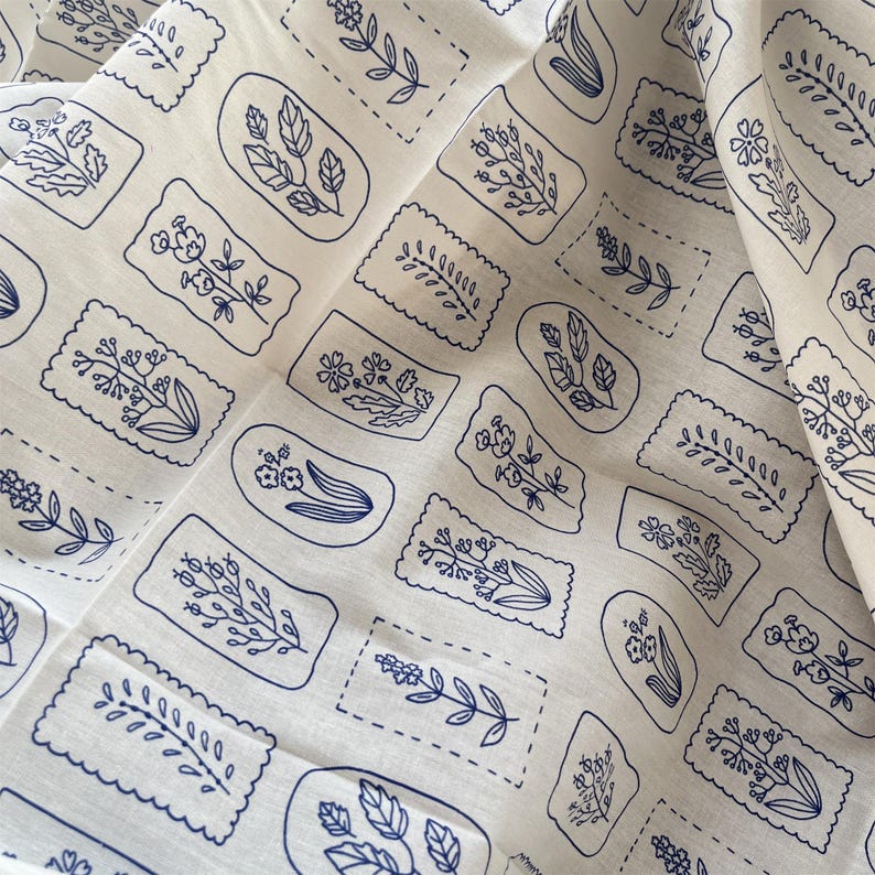 Vintage Blue Floral Plant Print Ivory Cotton Fabric, Geometric Cotton ...