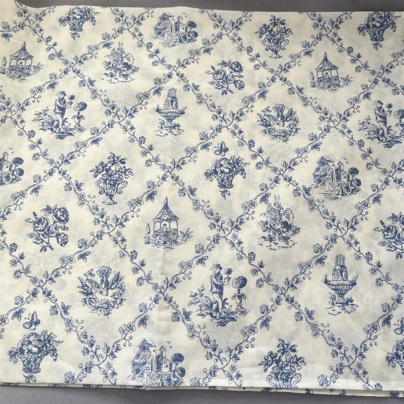 Unique Blue Scenery Fabric, Floral Plaid Fabric, Vintage Beige Cotton ...