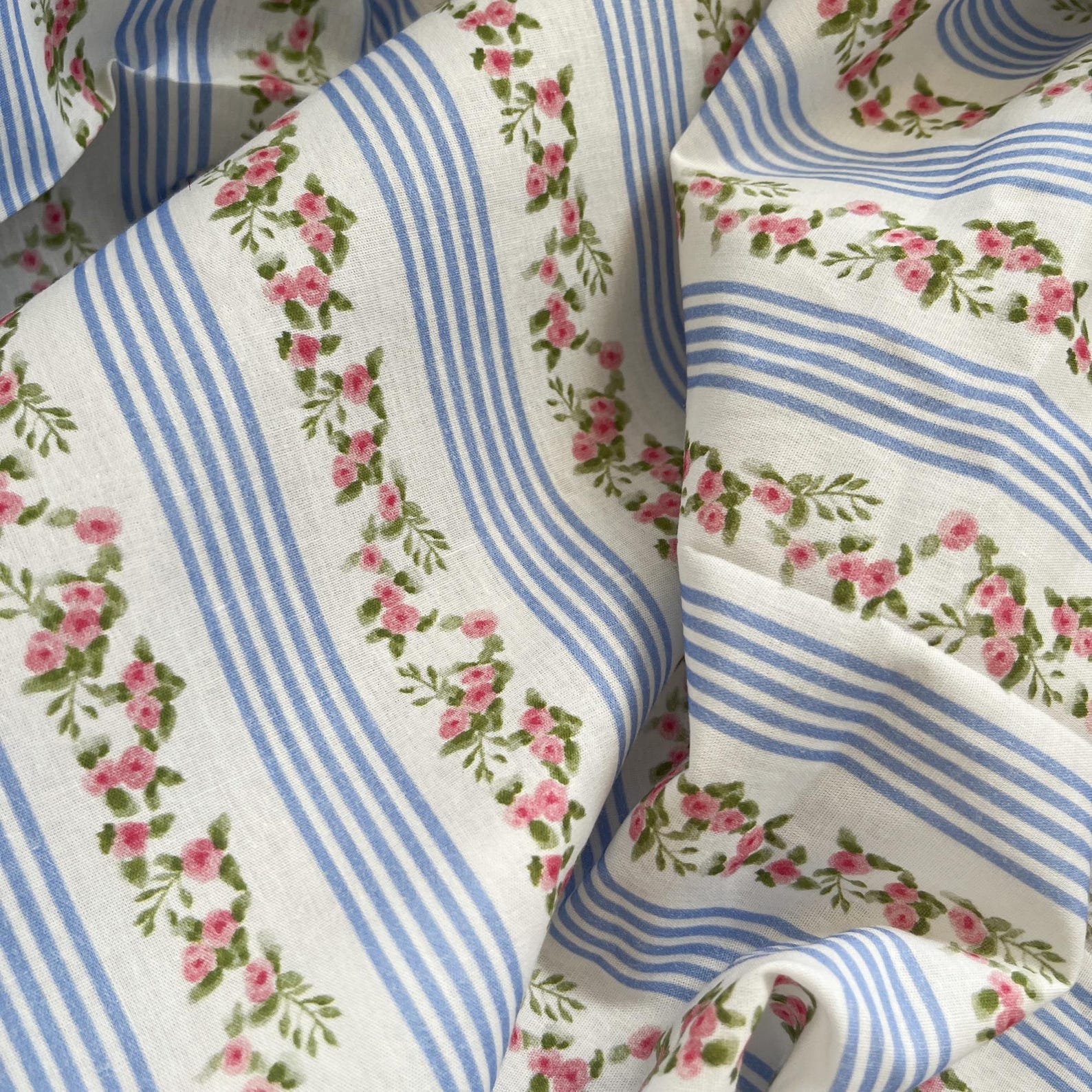 Cottage Floral Cotton Fabric, Blue Stripes Fabric, Pure Cotton, Dress ...