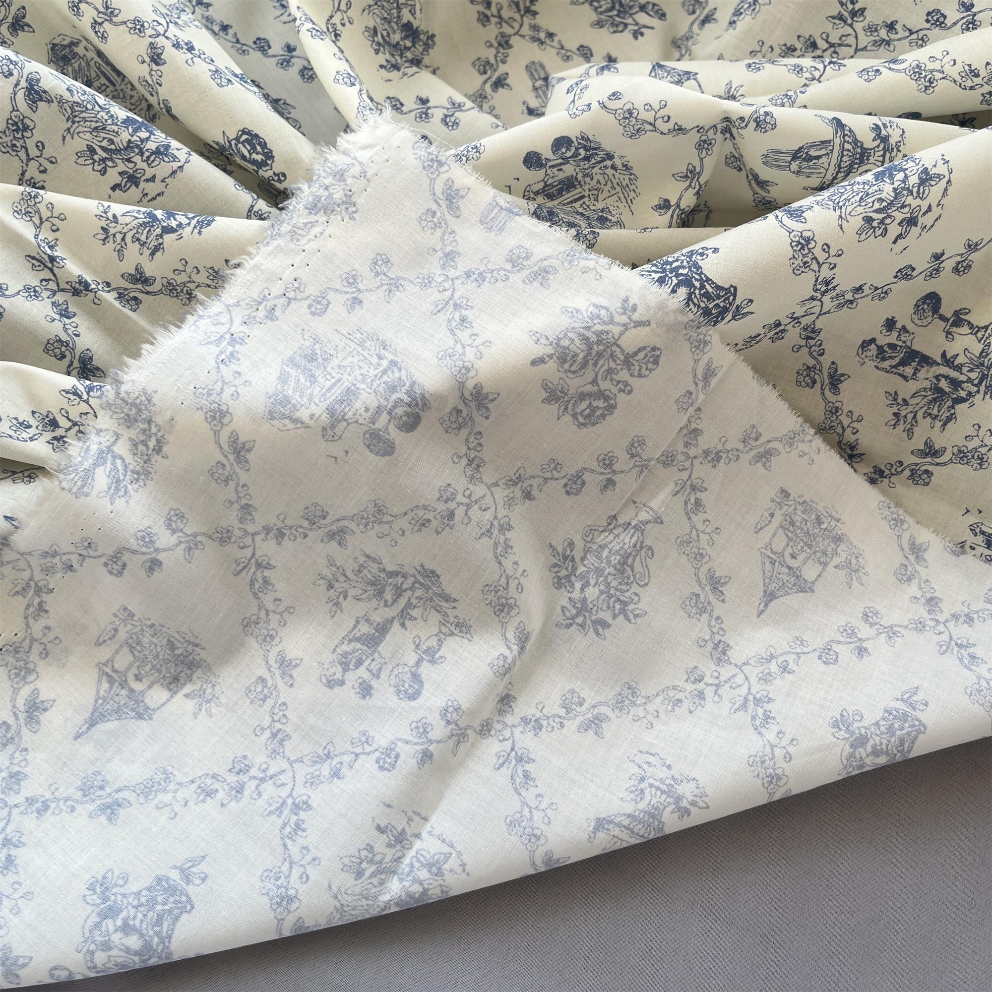Unique Blue Scenery Fabric, Floral Plaid Fabric, Vintage Beige Cotton ...