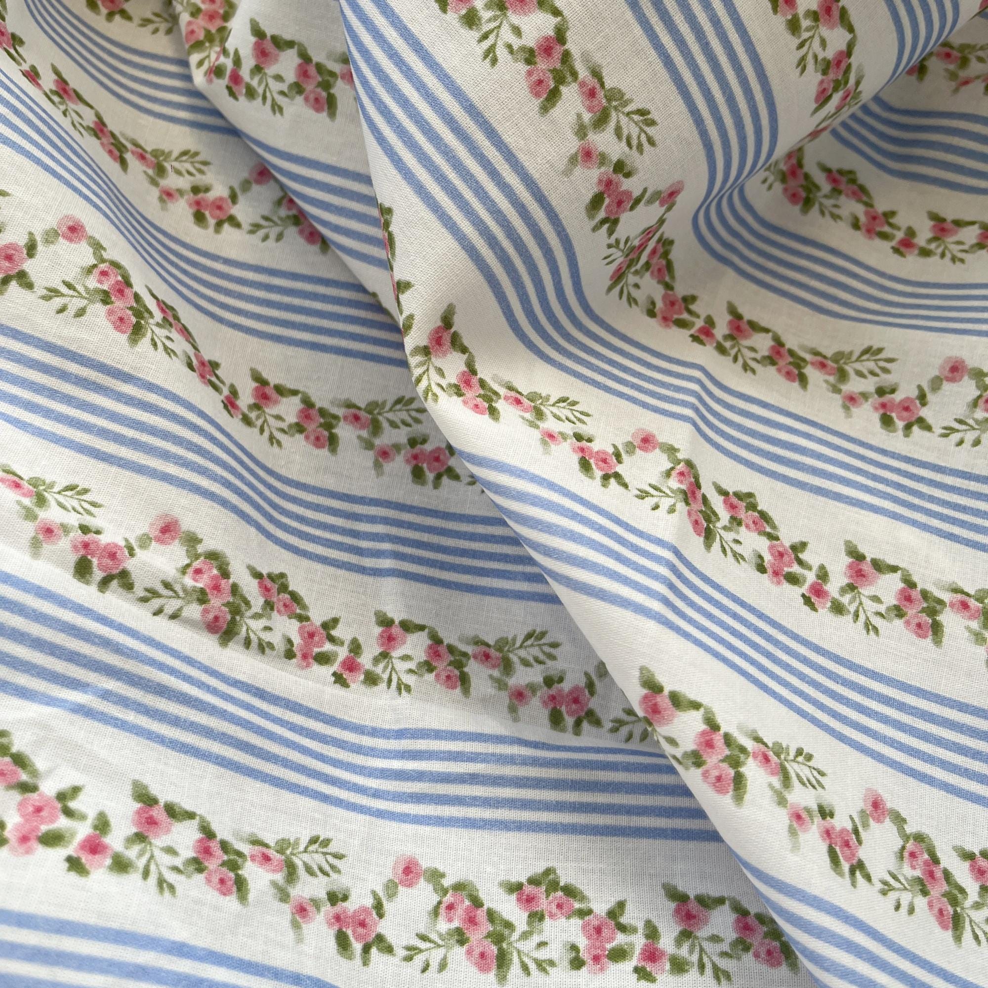 Cottage Floral Cotton Fabric, Blue Stripes Fabric, Pure Cotton, Dress ...