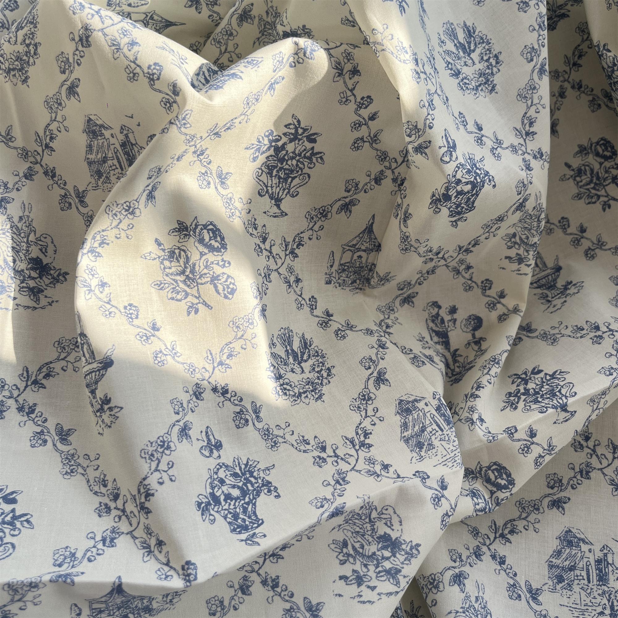 Unique Blue Scenery Fabric, Floral Plaid Fabric, Vintage Beige Cotton ...