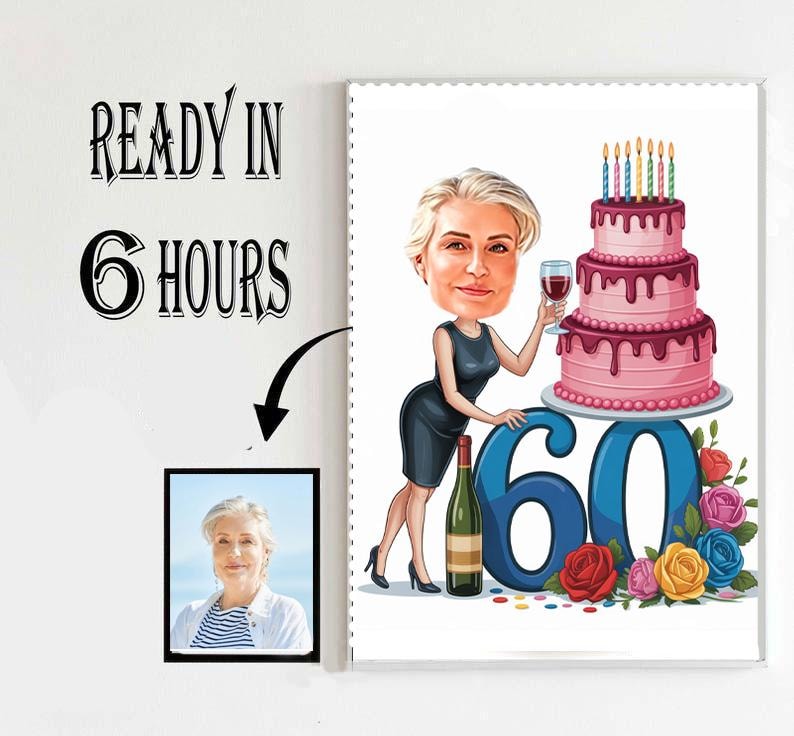 60th Birthday Caricature Gift: Custom Digital Art for Her - Etsy