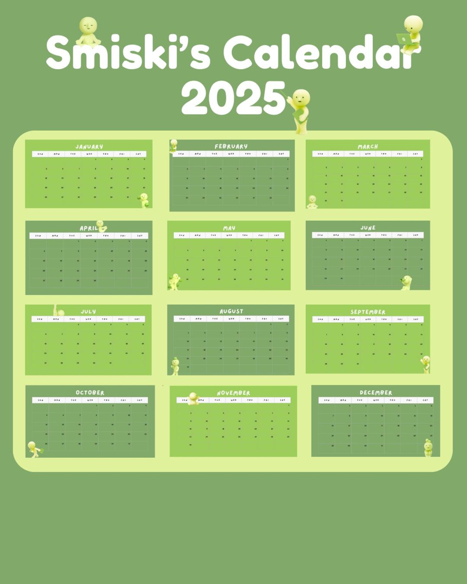 2025 Smiski Themed Calendar Printable | Kawaii Desk Calendar | Digital ...