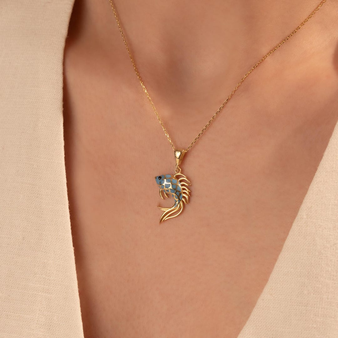 Gold Fish Pendant Necklace With Blue Enamel, Betta Fish Jewelry for ...