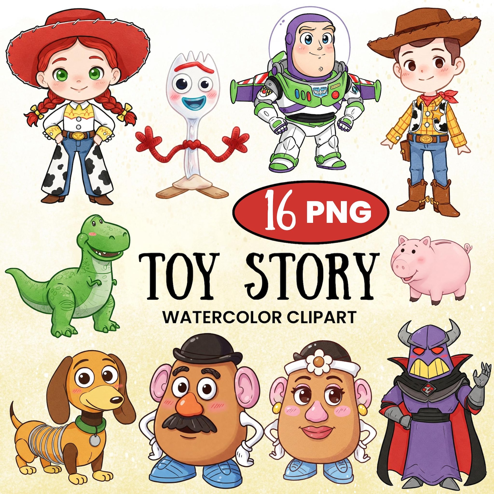 Toy Story Watercolor Clipart, 16 PNG Cute Cliparts, Woody, Buzz ...