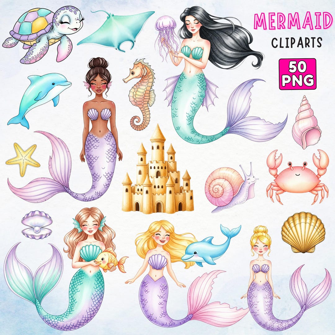 Mermaid Watercolor Pastel Clipart, Mermaid Baby Shower, Under Sea ...