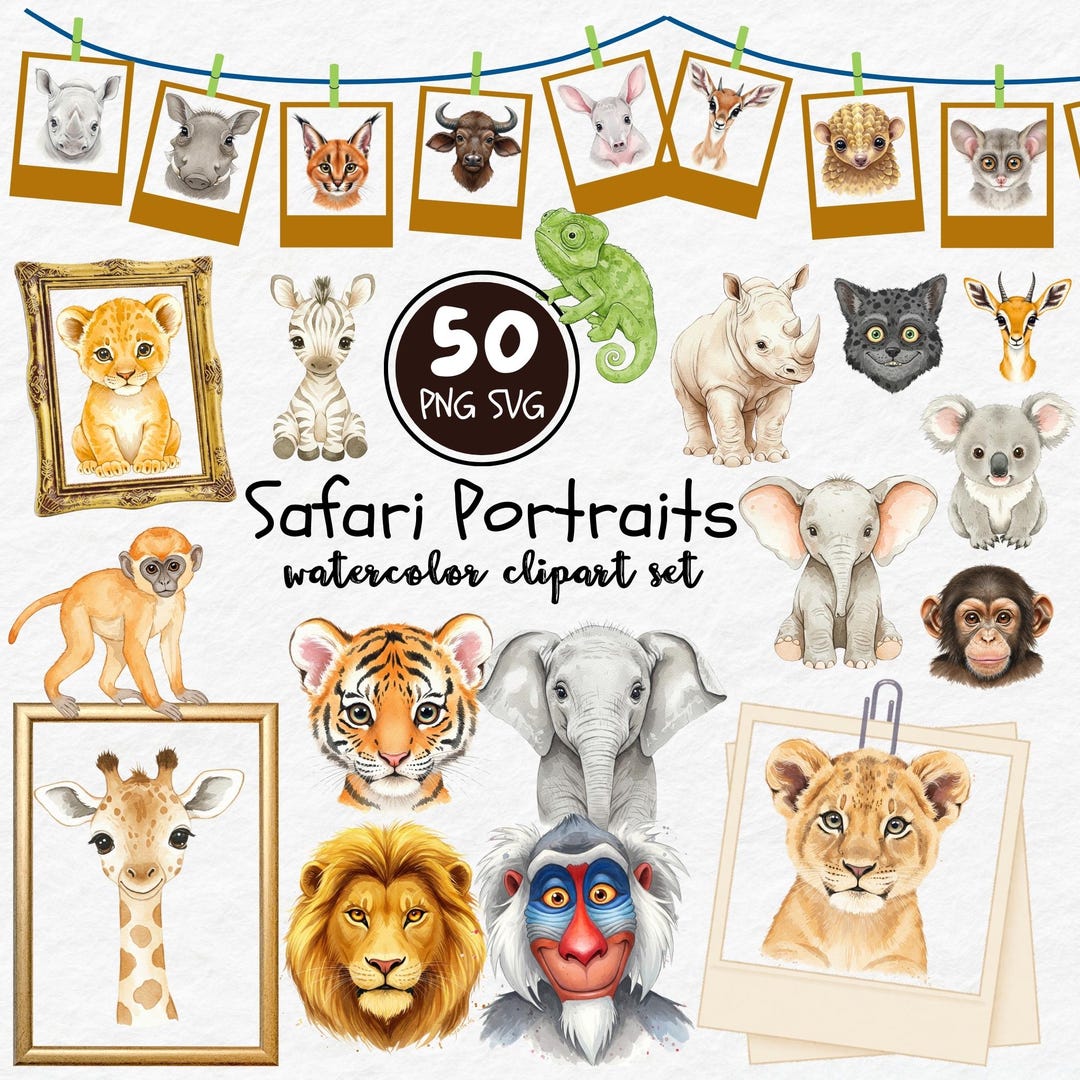 50 Safari Animals Portraits, Cute Watercolor Clipart, Safari Nursery ...