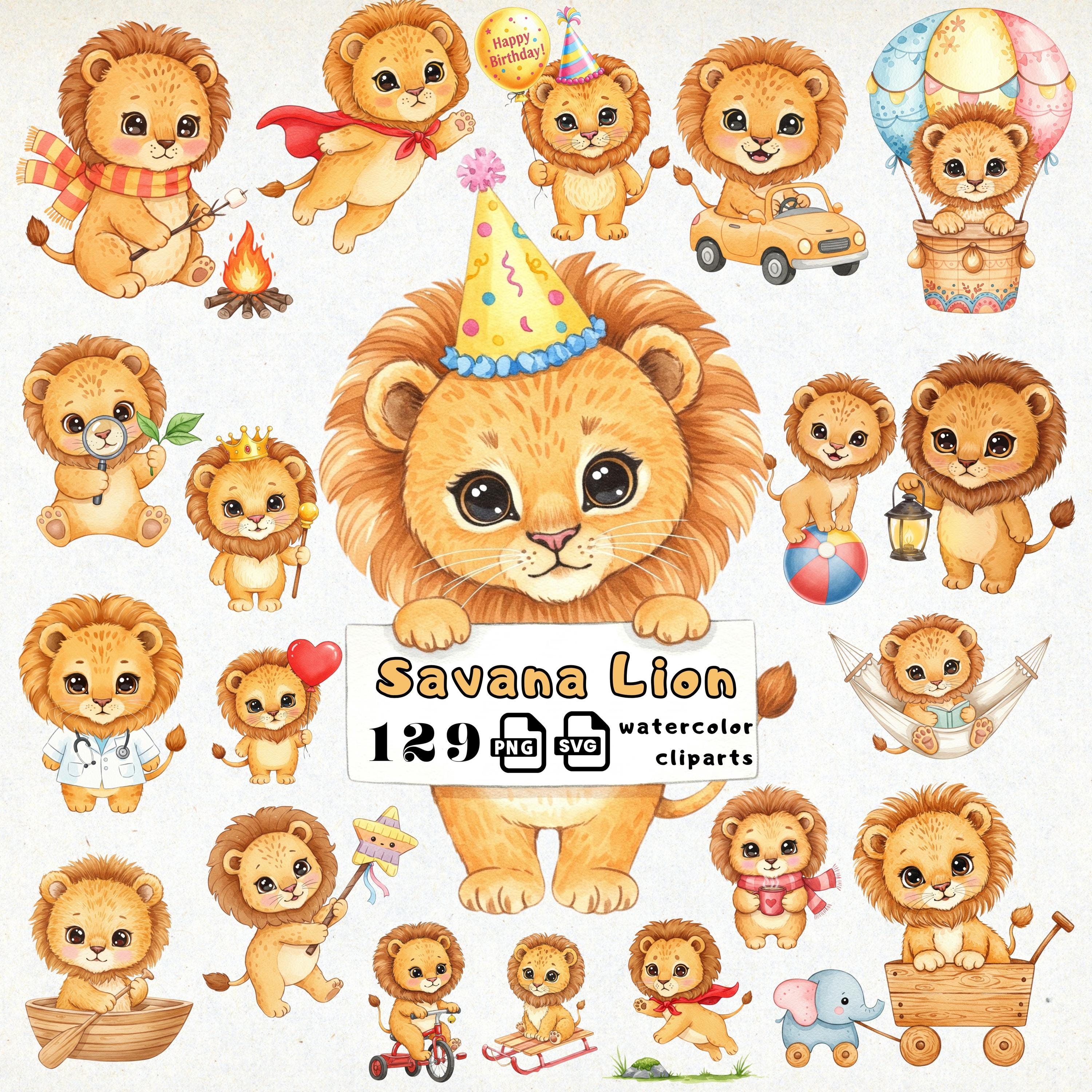 Savanna Cute Lion Clipart Bundle. 129 Watercolor Cute Lion SVG PNG ...