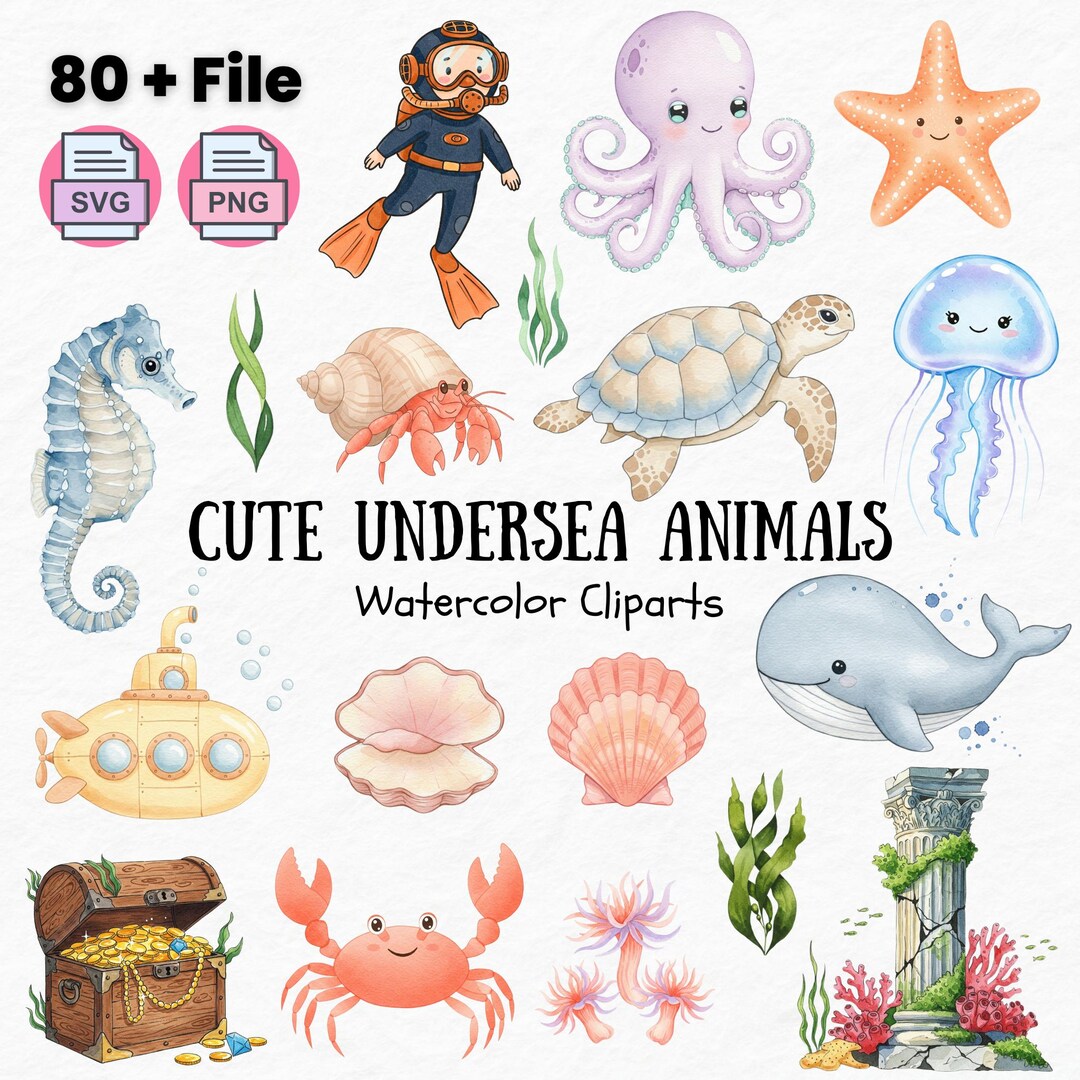 Cute Undersea Animals Clipart, Watercolor Ocean Animal, Cliparts for ...