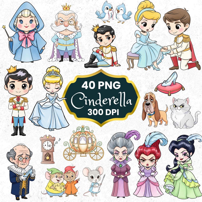 Cute Cinderella Clipart Set, 30 Cinderella PNG, Watercolor Cinderella ...