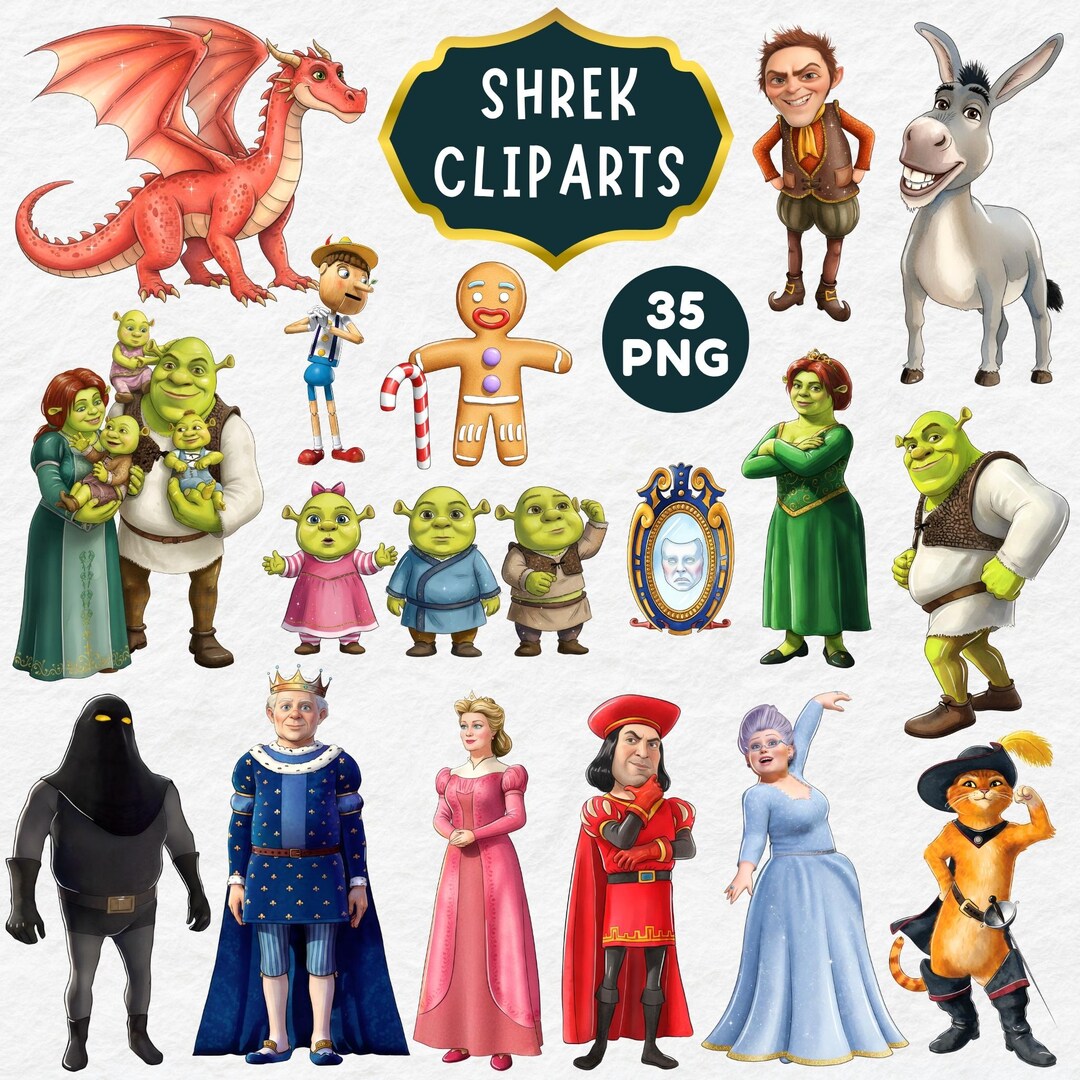 Shrek Clipart, Shrek 35 PNG Bundle, Shrek Birthday, Donkey, Fiona, Puss ...