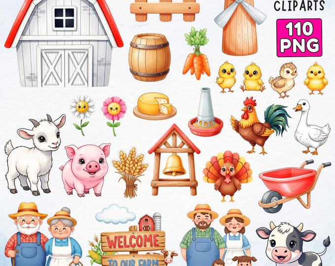 Cute Farm Clipart, Farm Animals Watercolor, Farm Baby Animals, Little ...